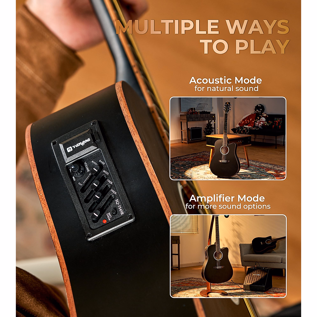 Vangoa Acoustic Electric Guitar Bundle for Beginners Adults Teens Full Size Cutaway Acoustic Guitar with Built-in Pickups, Wooden Bindings, Upgraded Starter Kit, Matte Black