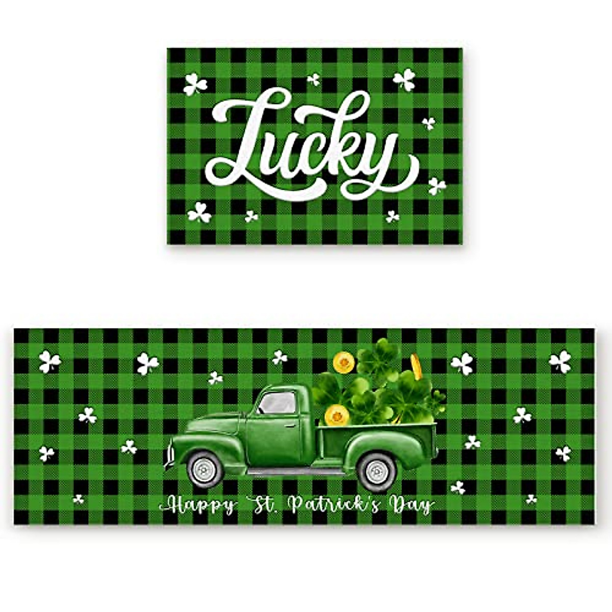 Arts Print Lucky Shamrocks Kitchen Rug Mat Set of 2,St.Patrick's Day Truck Black Green Buffalo Plaid Runner Rug,Non-Slip Durable Kitchen Floor Mat for Sink,15.7x23.6Inch+15.7x47.2Inch