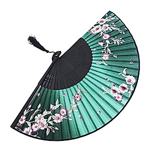 Amajiji® Charming Elegant Modern Woman Handmade Bamboo Silk 8.27" (21cm) Folding Pocket Purse Hand Fan/Chinese Japanese Vintage Retro Style Handheld Folding Fan (Green)