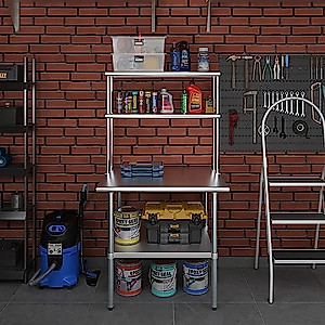 30" x 36" Stainless Steel Work Table with 12" Wide Double Tier Overshelf | Metal Kitchen Prep Table & Shelving Combo
