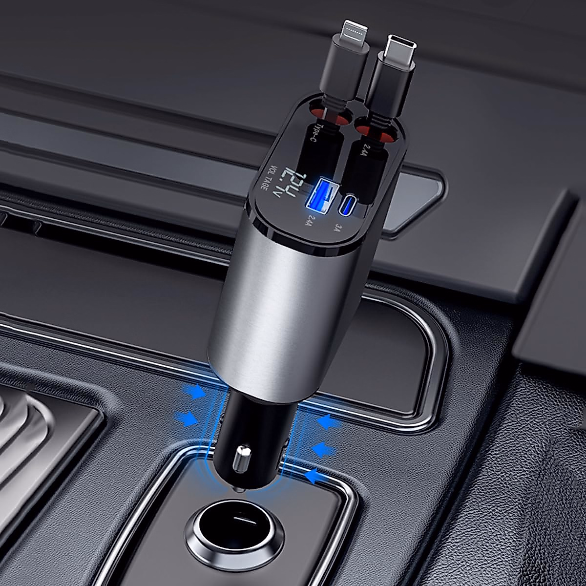 Kwak's Retractable Car Charger,100W Car Charger USB C, Car Charger Adapter with Retractable Cable,Car Charger Fast Charging Compatible with iPhone 15/15 Pro Max/14 Pro(Type C+Lightning)