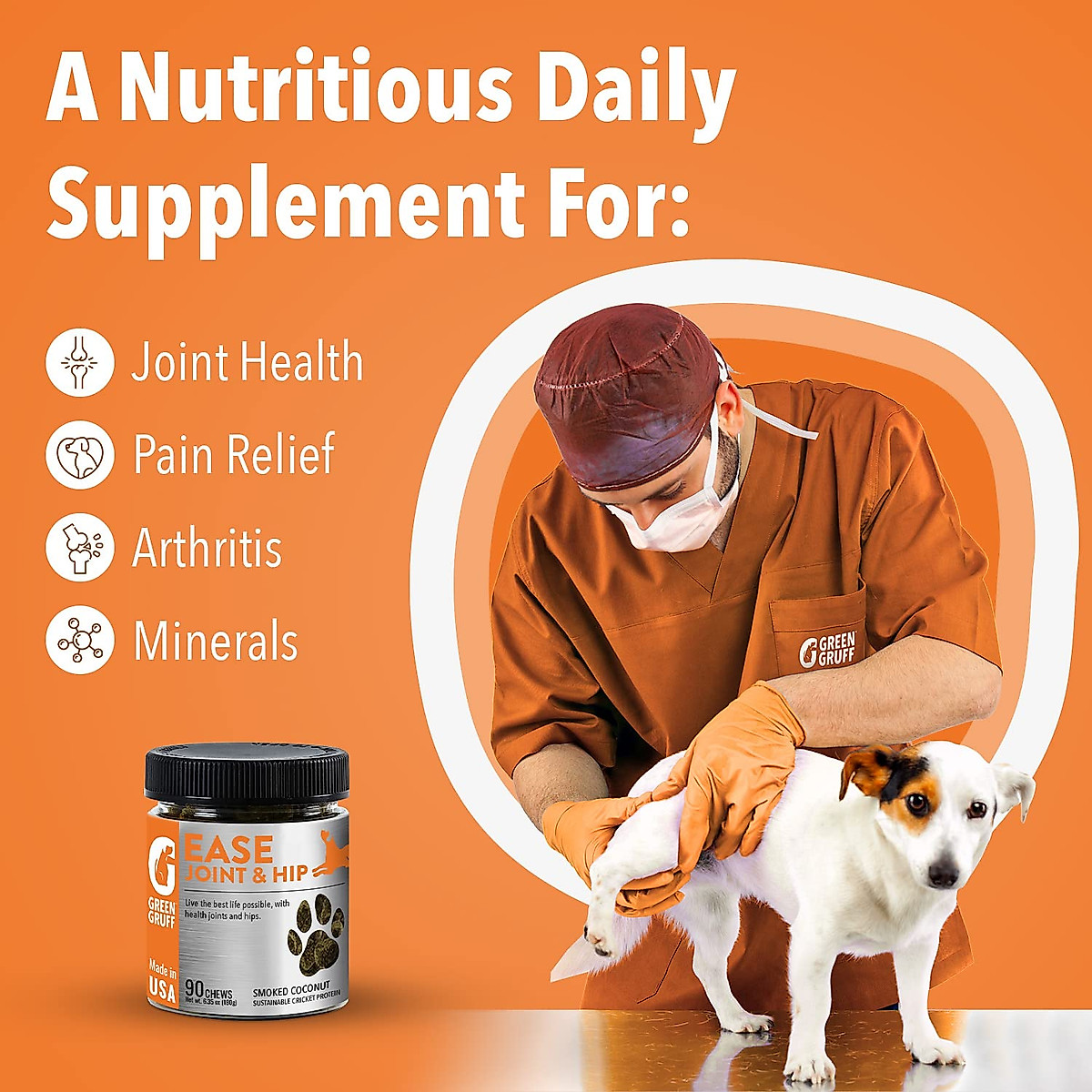 Green Gruff Dog Hip & Joint Supplement - Organic Dog Arthritis Supplement w/Glucosamine, MSM, Turmeric - Made in USA - Joint Mobility, Reduced Inflammation, Arthritis Pain Relief for Dogs - 90 Chews