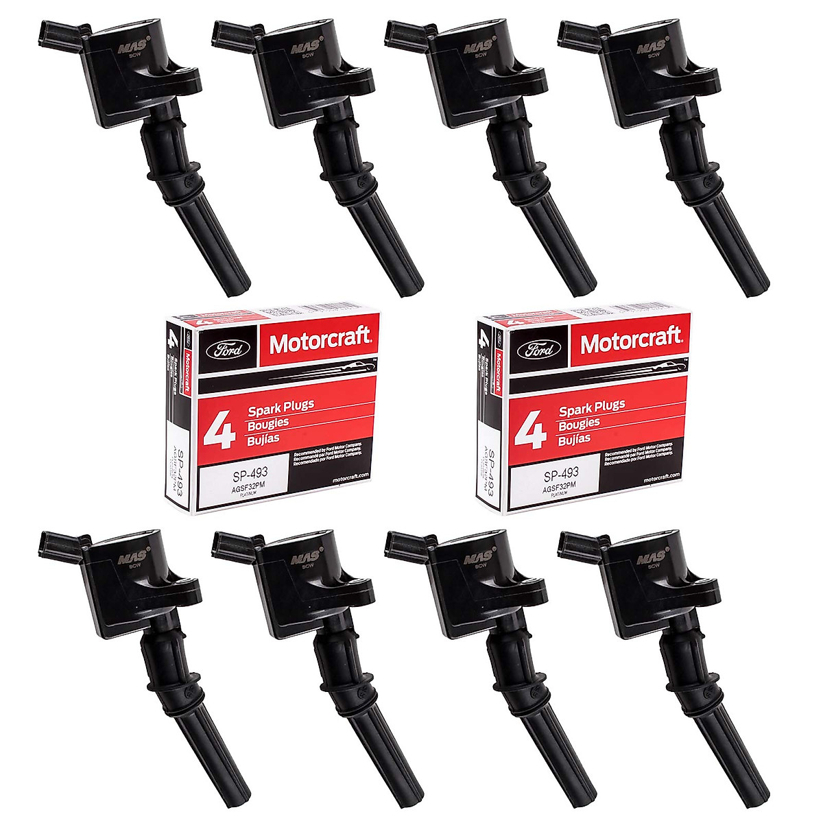MAS Ignition Coils DG508 and Motorcraft Spark Plugs SP493 compatible with Ford Lincoln Mercury 4.6L engines