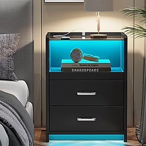 AOGLLATI LED Nightstand with Charging Station, Night Stand with Pull-Out Tray, 2 Drawers, Bedside Table with LED Lights, Modern End Table with USB Ports Outlets, Black