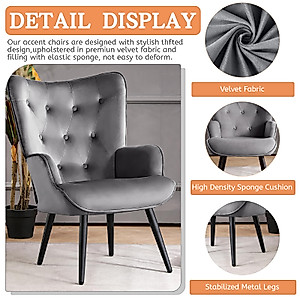 Furniliving Modern Accent Chair, Velvet Tufted Button Wingback Chair Upholstered Side Armchair Comfy Lounge Chair with Tapered Legs Sofa Leisure Chair for Home Office/Living Room/Bedroom, Grey