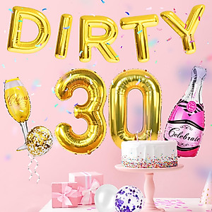 12PCS Dirty 30 Balloons, Gold Dirty Thirty Balloons/30th Birthday Decoration, Champagne Glass Balloon Decor for Men Women, Cheers to 30 Years Old Birthday Foil Balloons for Outdoor