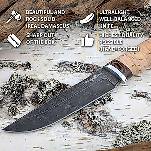 Nazarov Knives Damascus Steel Knife - Hunting Knife - Real Damascus - Birchbark - OVOD - Leather Sheath