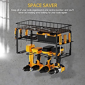 HOYRR Power Tool Organizer, Drill Holder Wall Mount, Garage Tool Organizers With 5 Drill Holders, Heavy Duty Tool Shelf With Basket, Perfect Tool Organizer Gift for Father