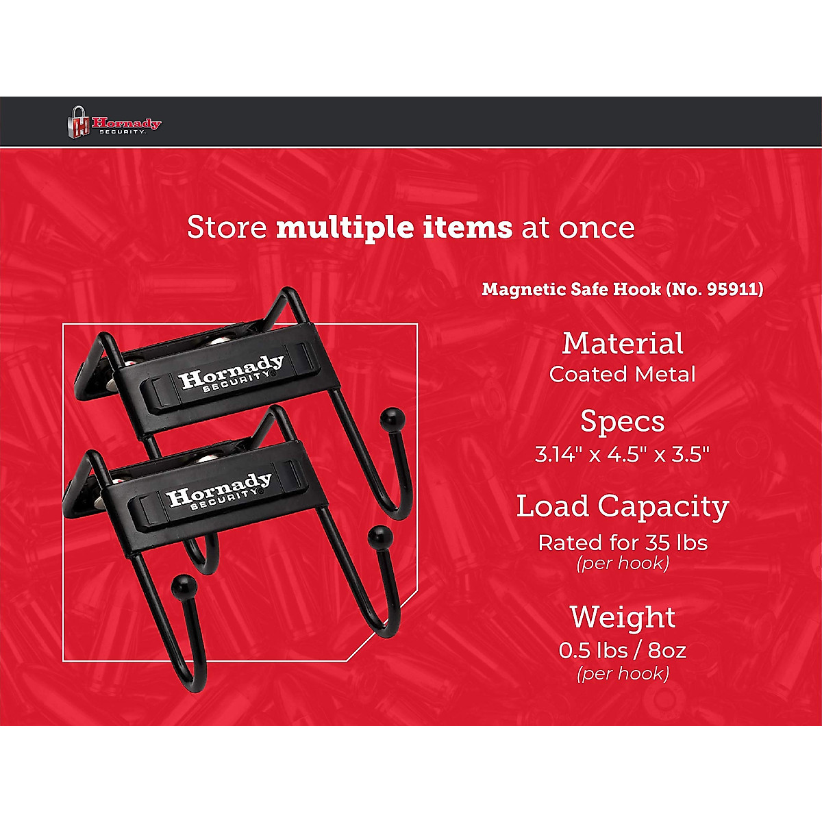 Hornady Magnetic Safe Hooks 95911, 2 Pack - Two-Pronged Hook with Non-Scratch Coating and Heavy Duty Magnets Rated for 35 Pounds Securely Organize Your Gear, Gun Case, Binoculars, Range Bags, & More