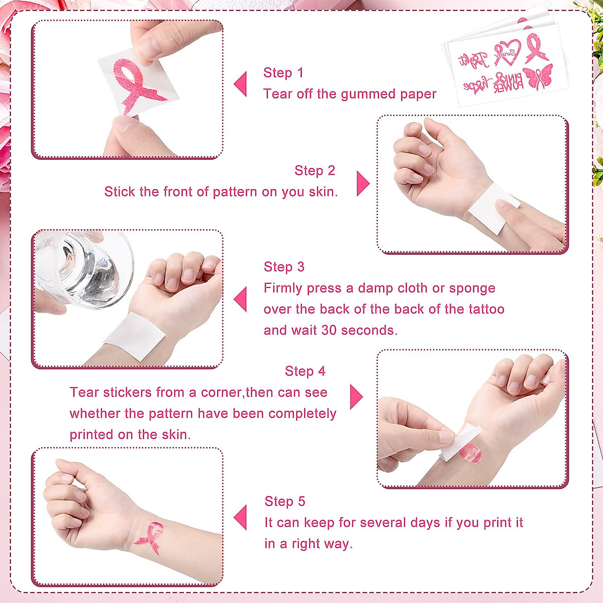 180 Pcs Breast Cancer Tattoo Sticker Temporary Pink Ribbon Tattoos Breast Cancer Awareness Glitter Tattoos Pink Ribbon Stickers Breast Cancer Body Tattoos for Women Girls Face Body Accessories