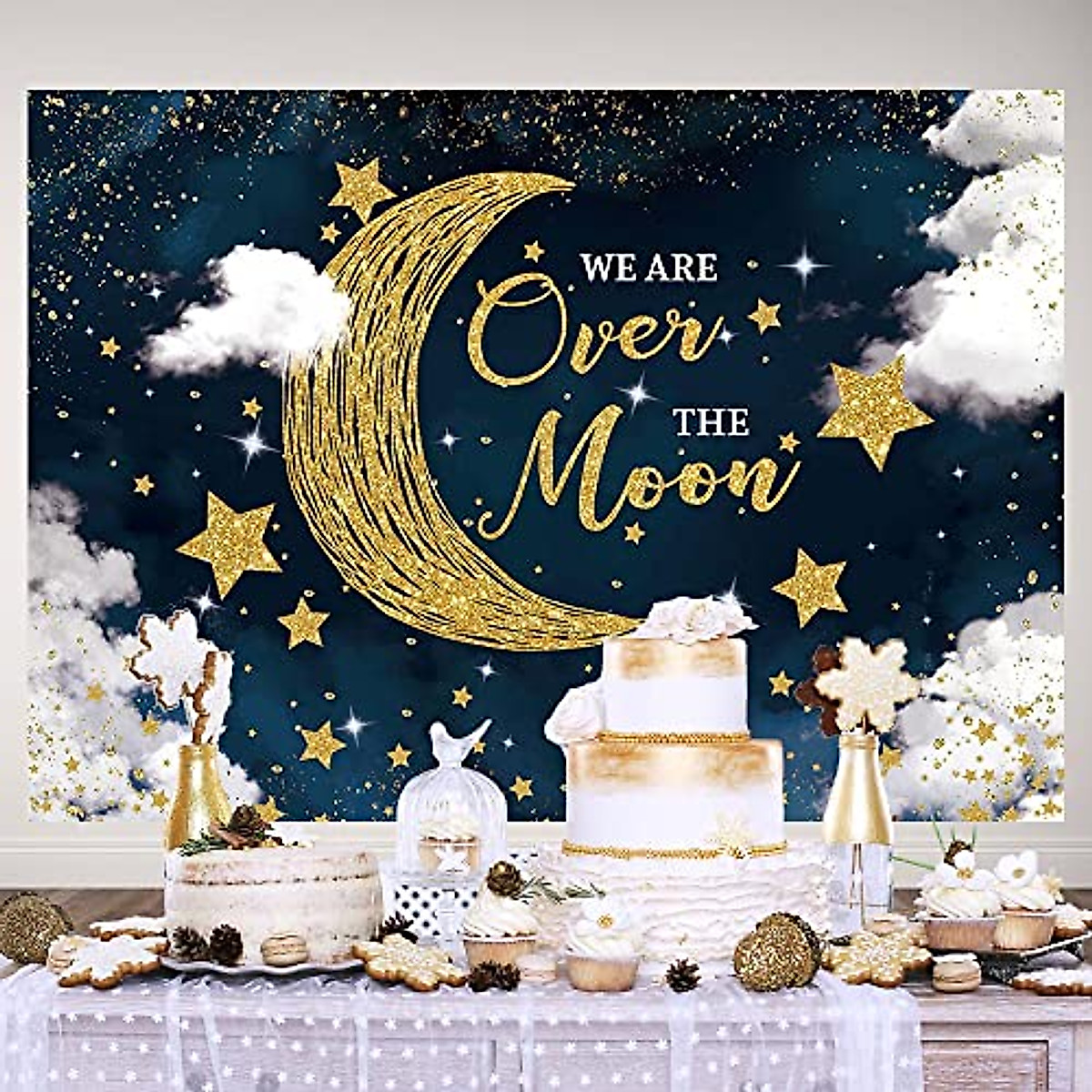 Hilioens 7×5ft We are Over The Moon Baby Shower Backdrop Moon and Stars Starry Night Celestial Background Twinkle Twinkle Little Star Baby Shower Party Decorations for Boy Photo Props