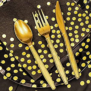 176 Pieces Gold Disposable Party Dinnerware Set &Golden Dot Disposable Party Dinnerware - Black Paper Plates Napkins Cups, Gold Plastic Forks Knives Spoons (25 Guests,176 Pieces)
