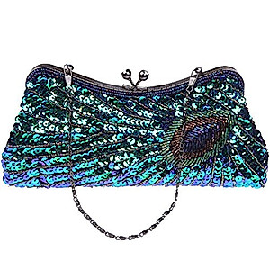 Baglamor Women's Kiss Lock Clutch Sequin Purse Peacock Clutch Bag (Blue)