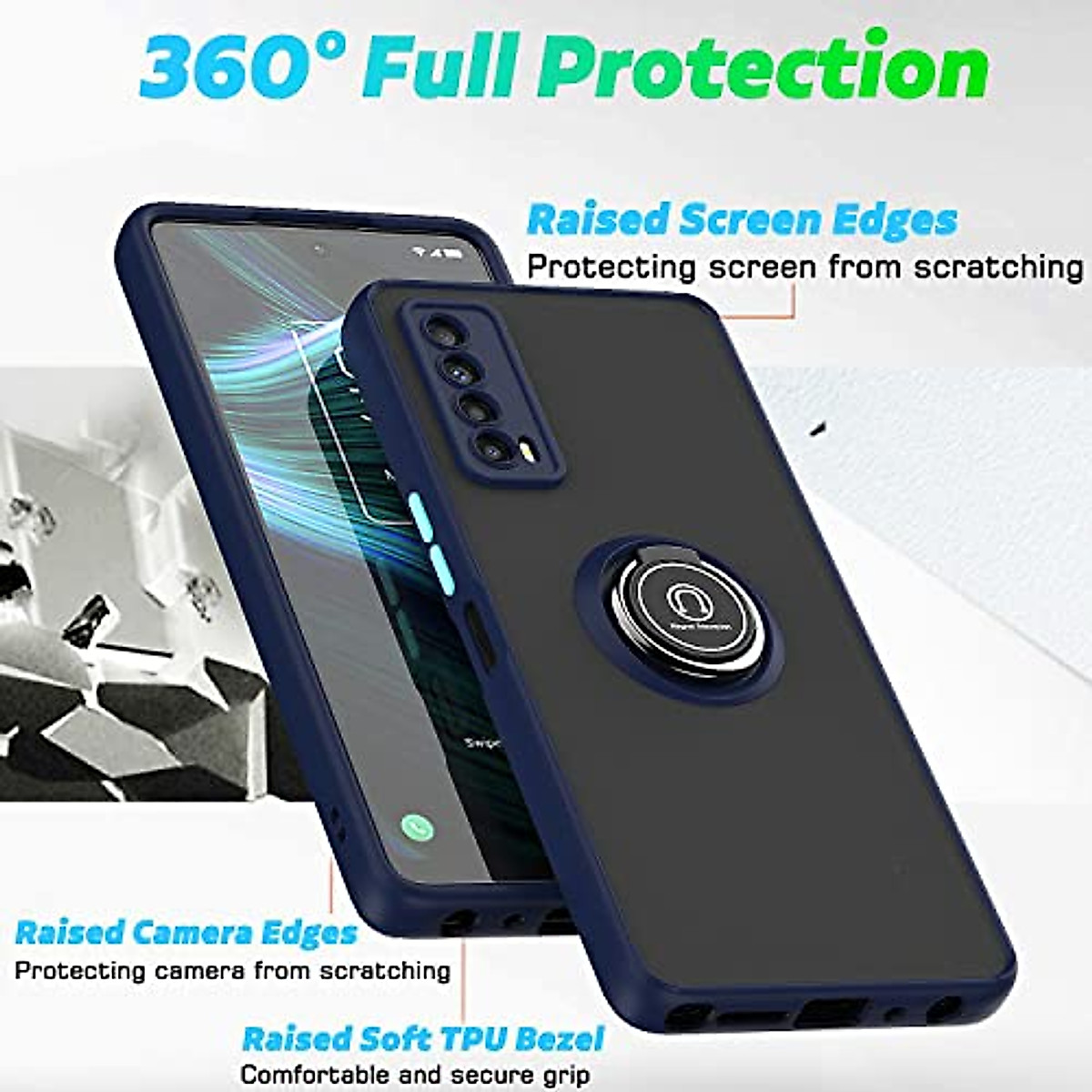 TJS for TCL Stylus 5G 2022 Case, with Tempered Glass Screen Protector, Metal Ring Kickstand Magnetic Support Drop Protective Phone Case Cover (Light Blue)