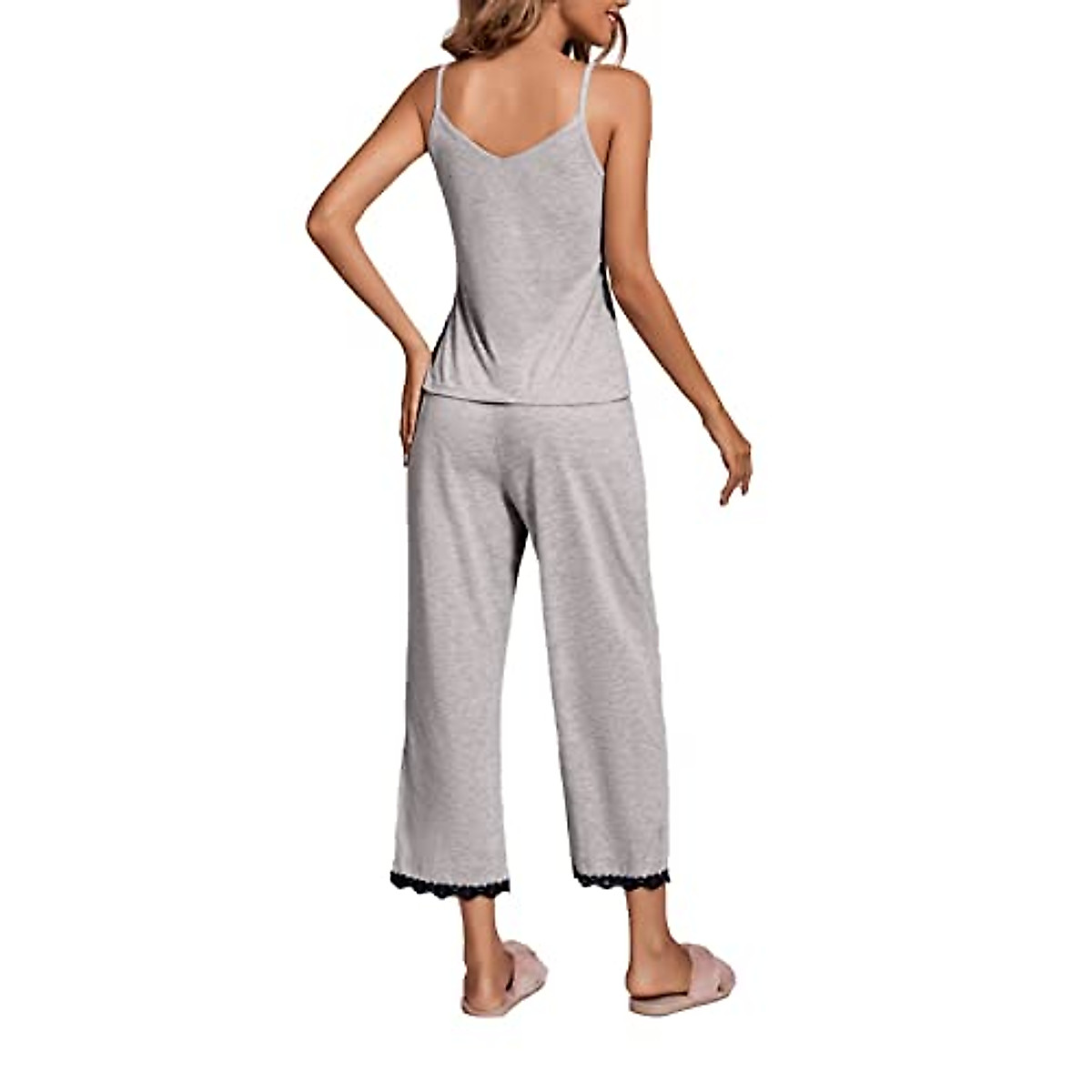 LYANER Women's Pajamas Set V Neck Sleeveless Cami Top with Pants PJ Sets Sleepwear Grey Medium