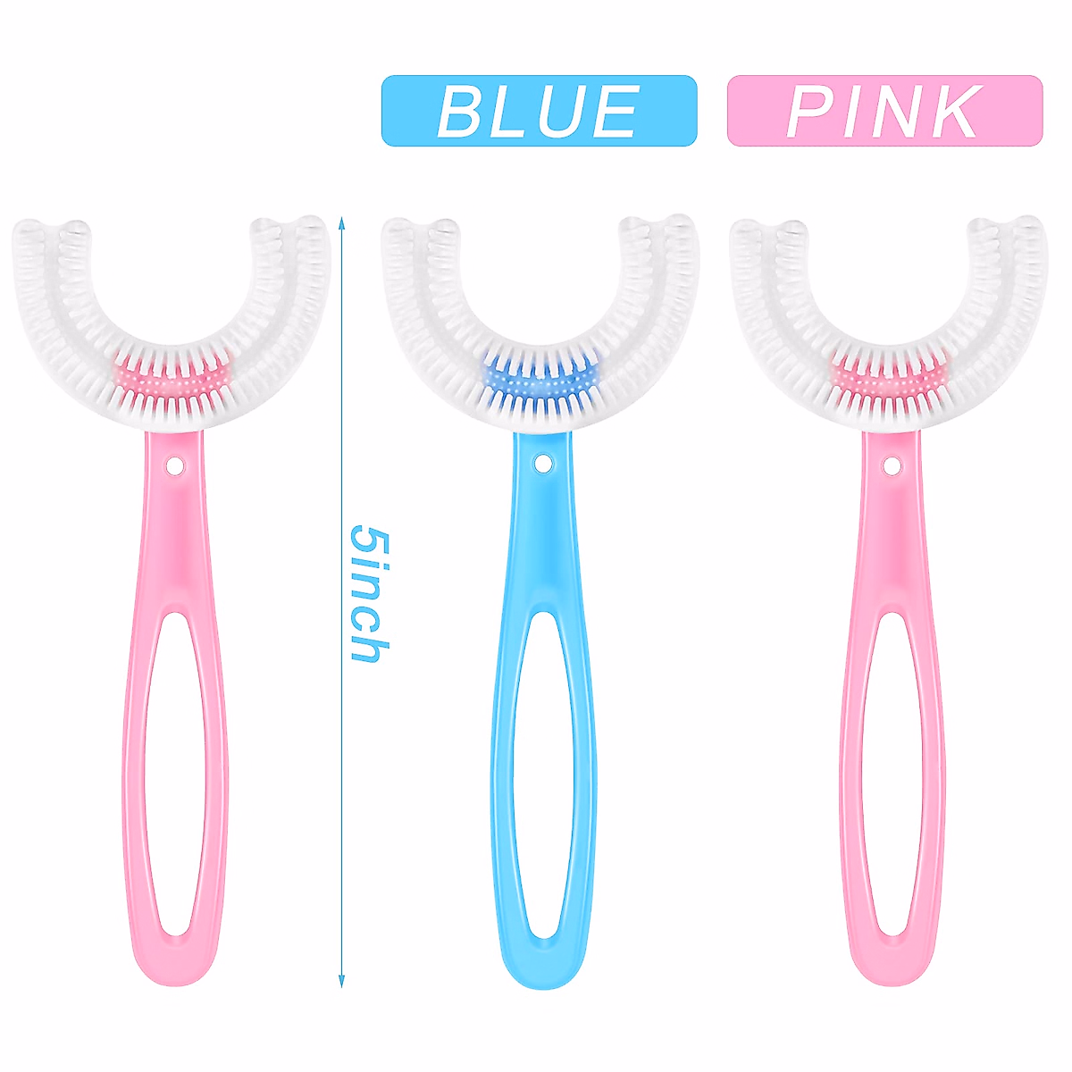 Nuenen 6 Pack Kids U Shaped Toothbrush with Silicone Brush Manual Training Tooth Brush U-Type Toothbrush Whole Mouth Toothbrush with Handle for Kids 2-8 Years Old (Long Handle, Blue Pink)
