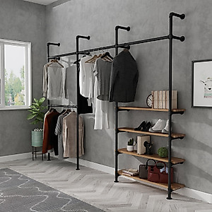 LANJIN Industrial Pipe Clothing Rack,Clothes Rack for Wardrobe, Bedroom and As Walk-in Closet System.Sturdy Clothing Racks for Hanging Clothes,Wall Mounted Heavy Duty Clothes Rack,Black E