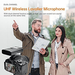 Comica CVM-WM100PLUS - Wireless Microphone System for Cameras, Camcorders, Smartphones, Laptops, Professional UHF Wireless Lavalier Lapel Microphone with Dual-Channel Recording, AA Batteries