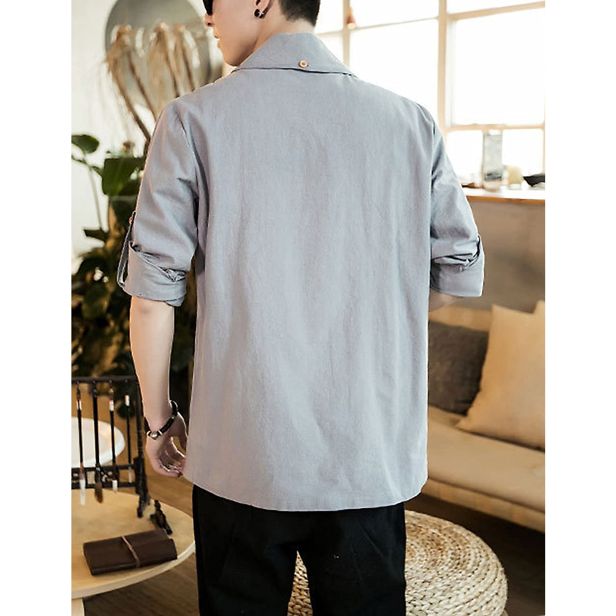 Mingzhu Mens Cotton Linen Blazer Jacket Roll Up Long Sleeve Notched Lapel Sport Coat(0733-Grey-M)