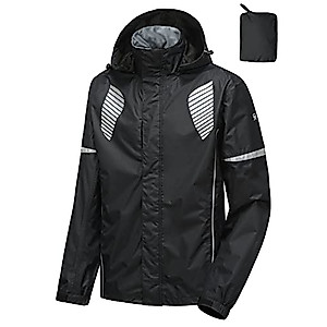 Little Donkey Andy Men's Waterproof Running Cycling Rain Jacket Reflective Raincoats Packable Windbreaker Removable Hood Black S