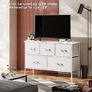YILQQPER Bedroom 5 Drawer Dresser, White Dresser with Fabric Drawer, Drawer Cabinet PU Finish, Metal Handle, Closet Kids Room, TV Stand up to 43 inches, White (White, 5 Drawers)