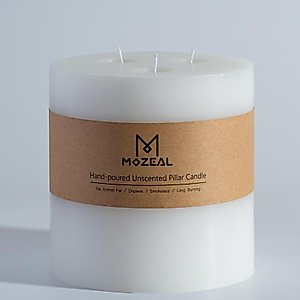 MOZEAL Extra Large 3 Wick White Pillar Candle, 6" x 6", Unscented, Dripless, Smokeless, and Clean-Burning. Approx. 120 Hours of Burn Time. Perfect for Weddings, Dinners, Christmas and Home Decor