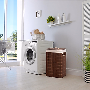 Btamree Laundry Hamper with Lid, Bamboo Laundry Basket with Handles & Removable Liner, 19 Gal (72L) Foldable Laundry Hamper for Laundry Room, Bedroom, Bathroom, Living Room (Square Brown)