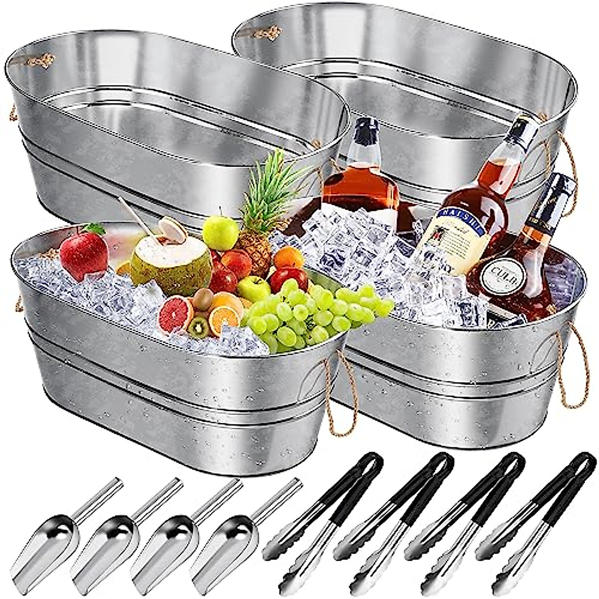 Kochorie 4 Pieces Metal Galvanized Beverage Tubs with Handles Cold Beer Insulated Drink Tub with 4 Ice Scoop and 4 Stainless Steel Tongs Stainless Steel Finish Drink Chiller for Parties