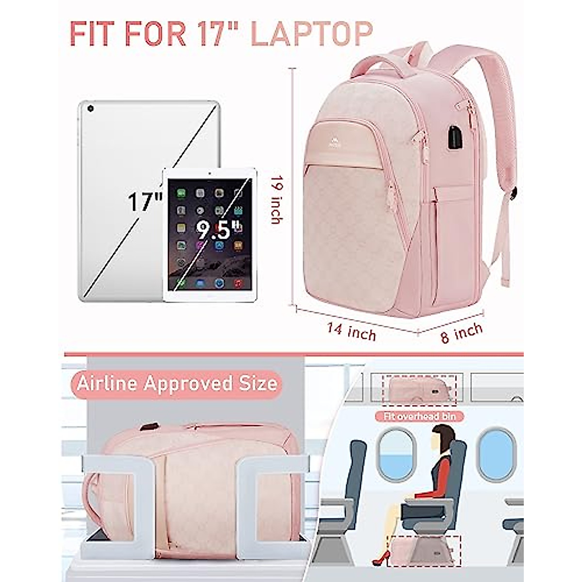 Backpack for Women College, Anti Theft 17 Inch Laptop Backpack with USB Charging Port, Large TSA Water Resistant Airline Approved Lightweight Travel Daypack Cute Nurse Work Weekender Computer Bag,Pink