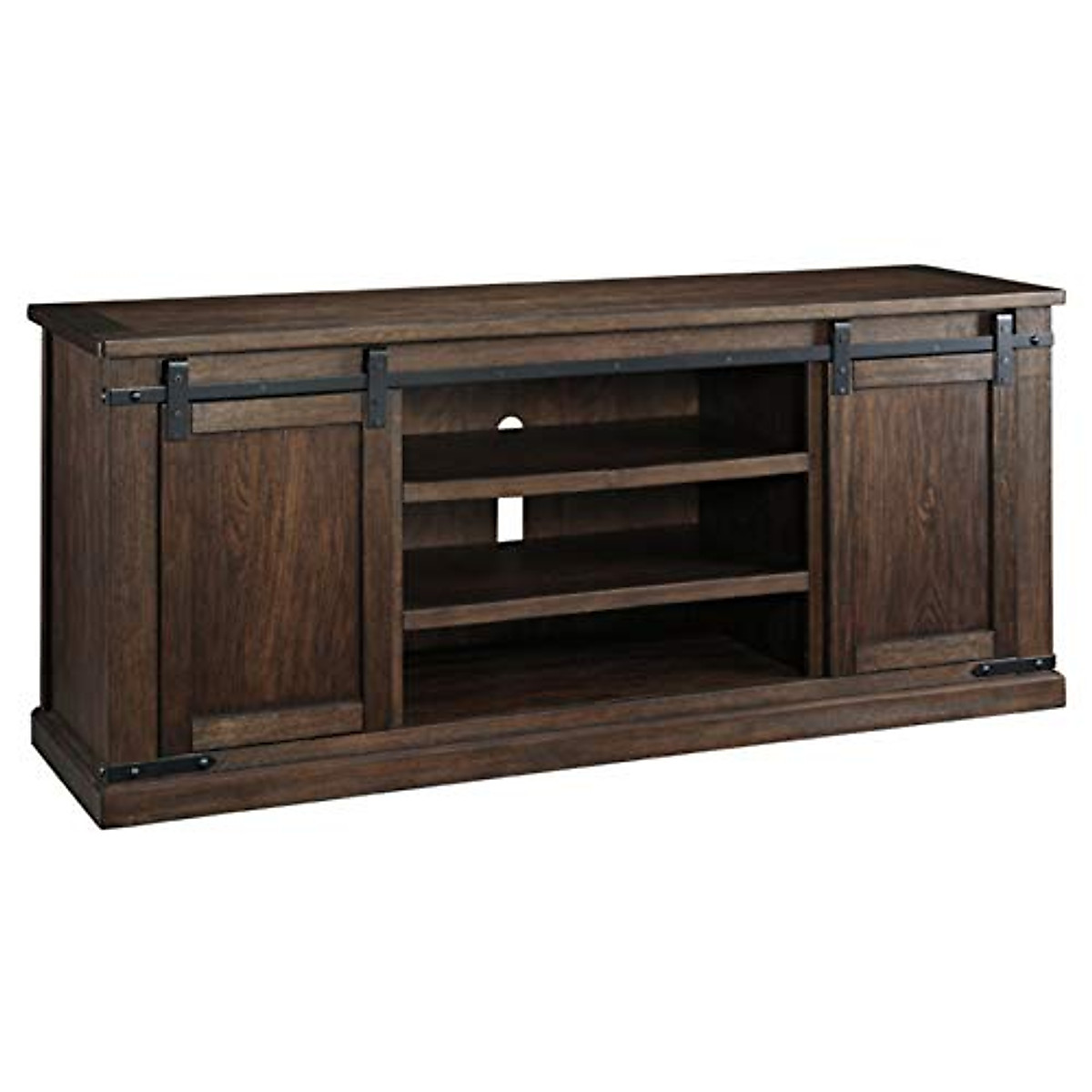 Signature Design by Ashley Budmore Rustic TV Stand Fits TVs up to 68", 2 Sliding Barn Doors and 6 Storage Shelves, Dark Brown