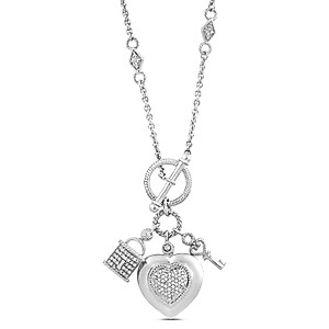Jewelili Heart Shape Necklace Pendant with Natural White Round Diamonds, Lock and Key Charms 18 inch Cable Chain