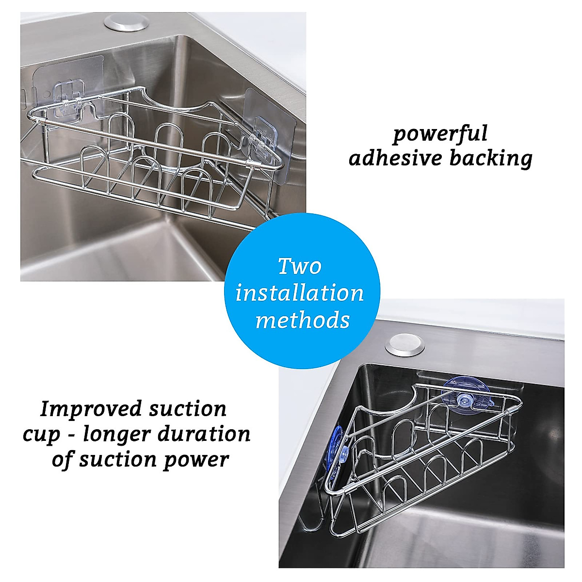 MAISEEN Kitchen Sink Caddy Sponge Holder， Space Saving Kitchen Sink Organizer + Sink Brush Holder + Dish Rag Holder, 304 Stainless Steel, Multi-Purpose 6 In 1 Kitchen Sink Accessories. Silver