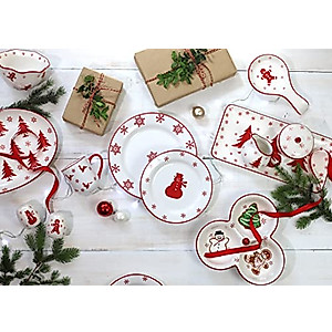 Euro Ceramica Winterfest Collection Festive 16.1" Ceramic 3 Part Divided Appetizer Tray, Hand-Stamped Holiday Design, Red & White
