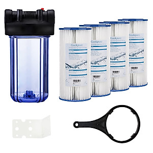 Geekpure Single Stage Whole House Water Filter System with 10-Inch Clear Housing-1"Port with 4 Pieces PP Pleated Filter