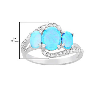 .925 Sterling Silver, Oval Lab Grown Blue Opal Cabochons & Lab Grown White Sapphire Faux Bypass 3 Stone Split Shank Statement Ring - Size 7