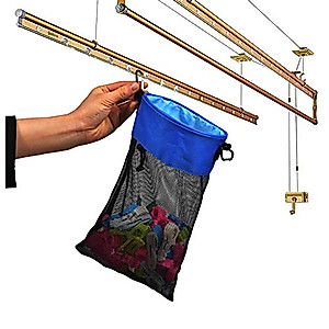 XQBAG Mesh Clothespin Bag, Large-Capacity Clothespin Storage Organizer with Hooks, Multi-Purposes Storage Mesh Bag Drawstring Closure Bag (Blue)