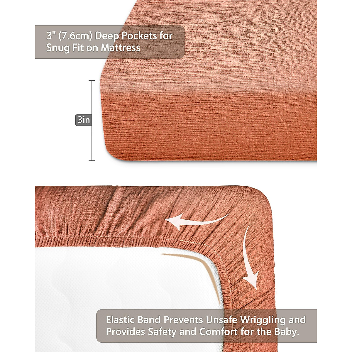 Muslin Pack and Play Sheets for Baby Boys and Girls 39"x27"x3", Neutral Muslin Cotton Pack N Play Mattresses Sheet with Boho Style, Soft and Breathable Comfort (Brick, Pack and Play Sheet)