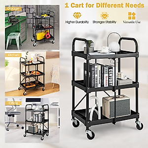 Goplus Folding Utility Cart, 3-Tier Rolling Tool Cart w/Lockable Wheels, Divided Storage Compartments, Collapsible Metal Service Cart Work Cart for Office Home, Garage, Kitchen, Black