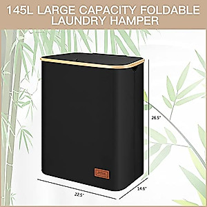 145L XXX-Large Laundry Hamper with Lid – DOFASAYI Foldable Laundry basket with Bamboo Handles, Grey Dirty Clothes Hamper for Bathroom, Bedroom, Room, Closet, Hampers for Laundry, Toys, Clothing, Black