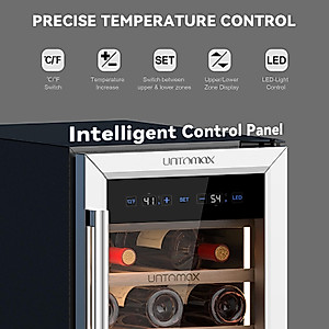 UNTOMAX 33 Bottles Wine Fridge Dual Zone Wine Cooler Refrigerator, 41-68℉ Freestanding Wine Cellar Built In for Red/White/Champagne, Temperature Memory Quiet Compressor Kitchen/Office, Stainless Steel