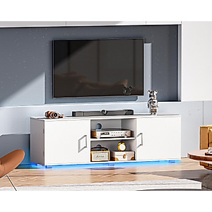 Huuger TV Stand for 55 Inch TV, Entertainment Center with LED Lights, 2 Cabinets, TV Console Media Cabinet with 6 Cable Holes, White TV Stand for Living Room, Bedroom