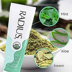 RADIUS USDA Organic Toothpaste 3oz Non Toxic Chemical-Free Gluten-Free Designed to Improve Gum Health & Prevent Cavity - Mint Aloe Neem - Pack of 2