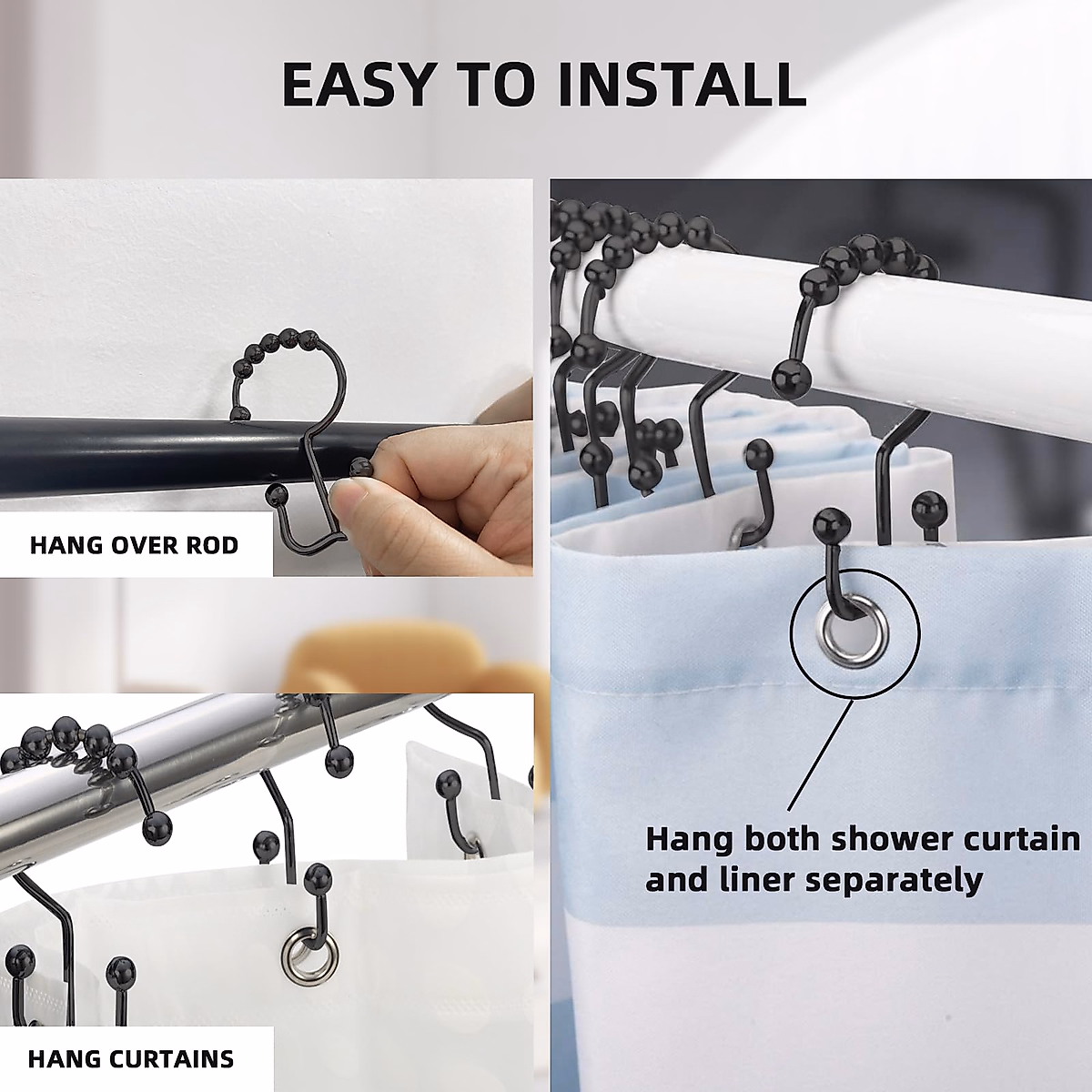 Shigat Shower Curtain Hooks for Curtain Rod, Shower Curtain Rings, Rust-Proof Metal Double Glide Shower Curtain Hooks for Bathroom Shower Curtain Rods, Set of 12 Shower Curtain Hooks (Black)