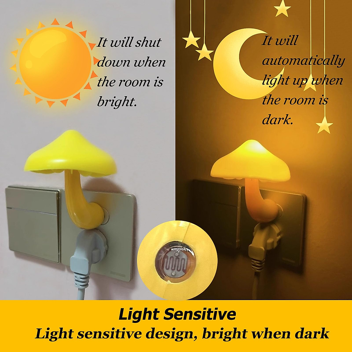 ESUPPORT Mushroom-Shaped Energy Saving Sensor LED Night Light with Plug Yellow(Average Life Expectancy 50000h)