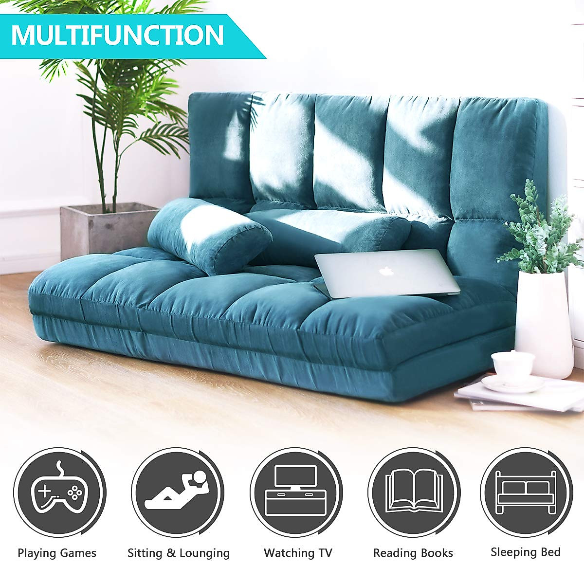 Harper & Bright Designs Adjustable Floor Sofa and Couch for Living Room and Bedroom, 5 Position Floor Gaming Chair, LoveSeat (Loveseat Couch, Blue Couch)