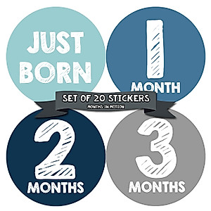 Months in Motion Baby Monthly Stickers - Baby Milestone Stickers - Newborn Boy Stickers - Month Stickers for Baby Boy - Baby Boy Stickers - Newborn Monthly Milestone Stickers - Set of 20