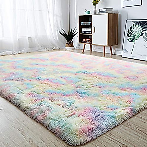 junovo Soft Rainbow Area Rugs for Girls Room, Fluffy Colorful Rugs Cute Floor Carpets Shaggy Playing Mat for Kids Baby Girls Bedroom Nursery Home Decor, 4ft x 6ft Tie-Dyed Rainbow