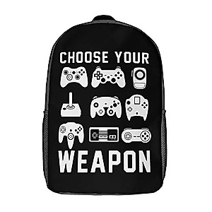 ONE TO PROMISE Choose Your Weapon School Backpack Cartoon Vintage Choose Your Weapon Game on Black Bookbags Adjustable Travel Daypack Water Resistant Shoulders School Bag for Womens Mens Boys Girls