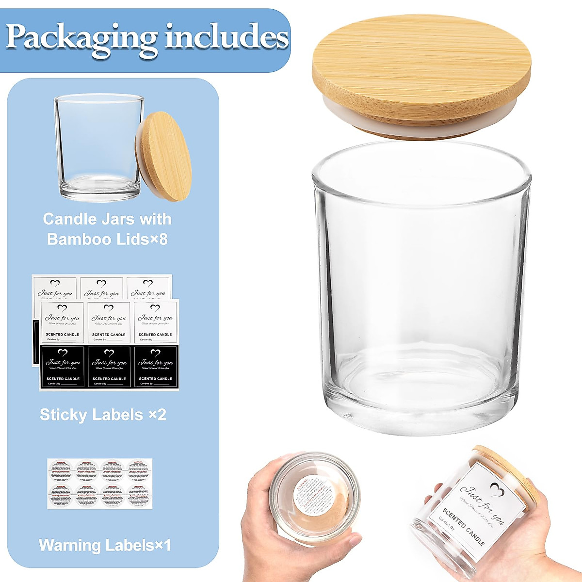 CONNOO 8 Pack 14 OZ Clear Glass Candle Jars with Bamboo Lids for Making Candles, Large Size Empty Candle Tins with Sticky Labels - Leakproof & Dishwasher Safe.