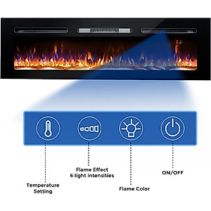 GOOD & GRACIOUS Electric Fireplace,1500W Recessed & Wall Mounted Electrical Fireplace with Bracket, Ultra Thin, Low Noise, Remote Control, Timer, Logset & Crystal, Adjustable Flame Color, Black, 60"